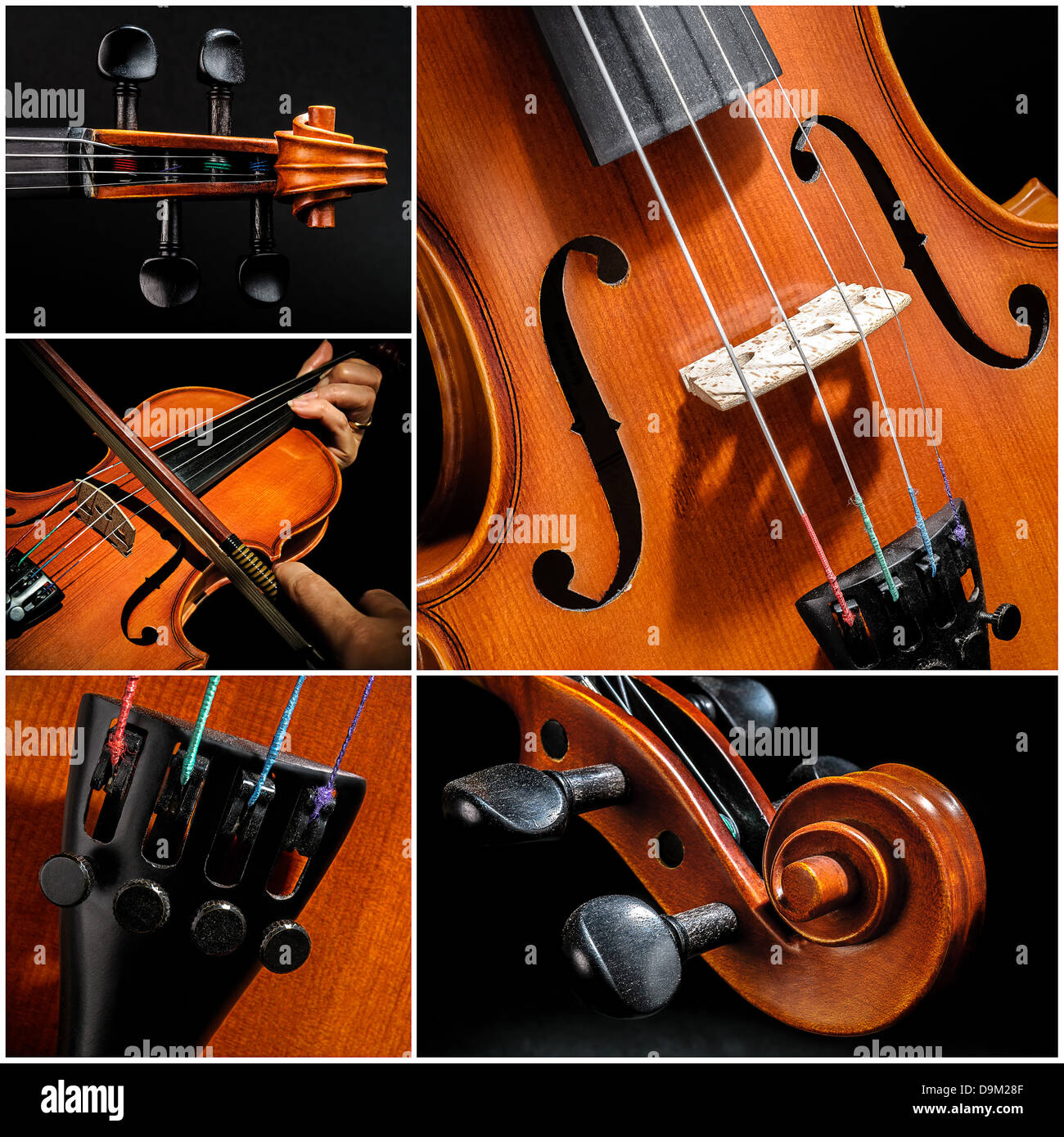 Collage with five detail images of a violin Stock Photo - Alamy