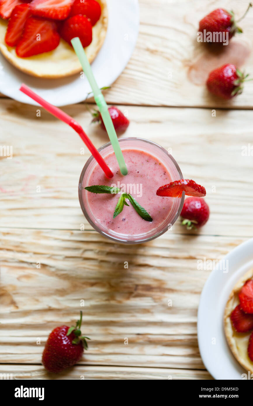 strawberry milk shake top view, food Stock Photo - Alamy