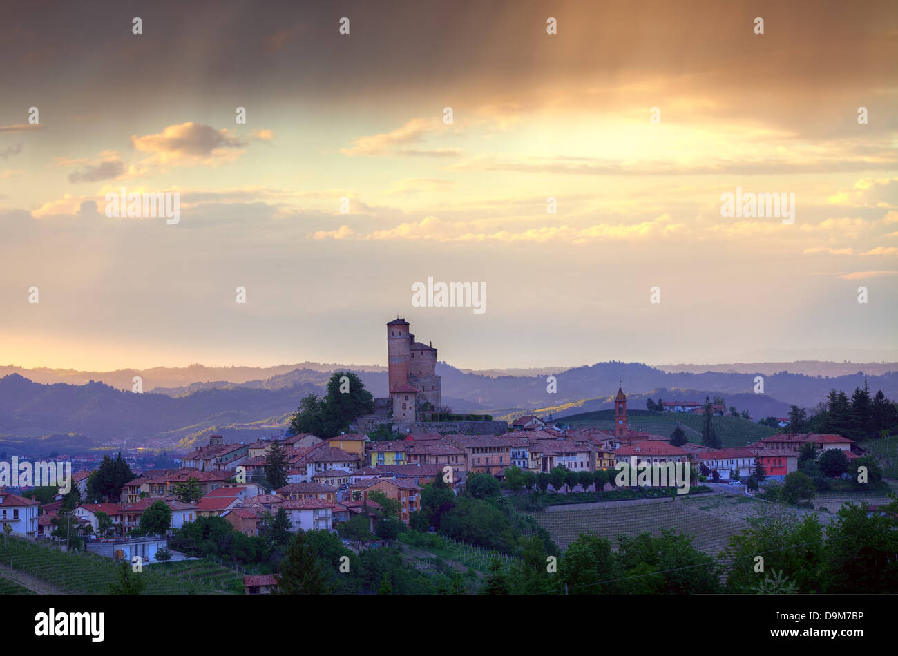 Small town of Serralunga D'Alba with medieval castle on the hills of ...