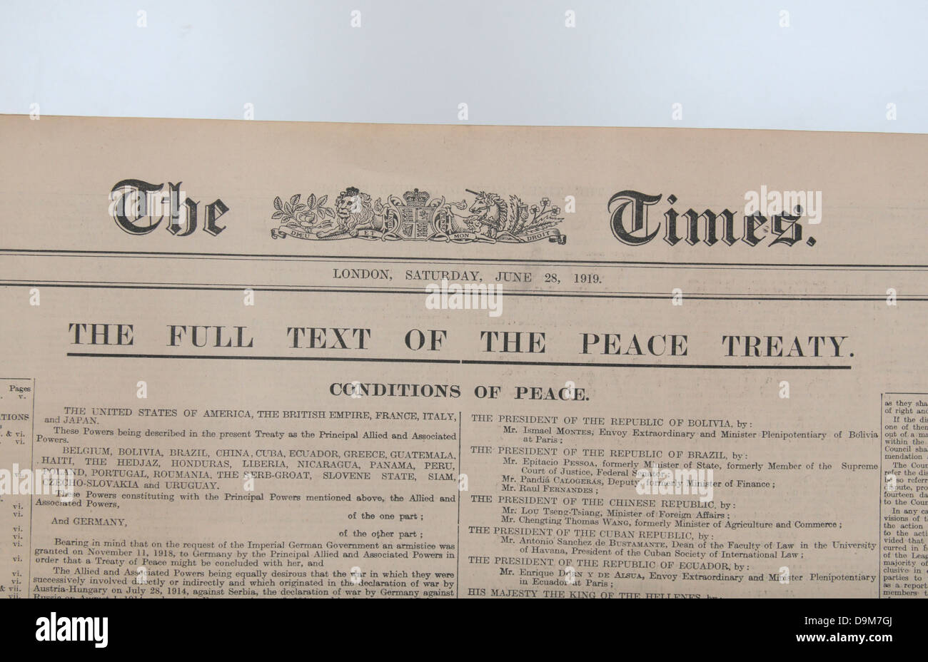 The Times newspaper (Saturday 28th June 1919) with the full text of the ...