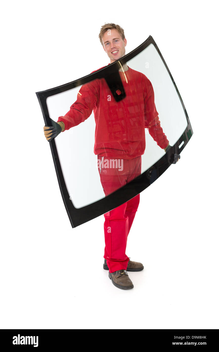 Glazier with windscreen isolated in front of white background Stock ...