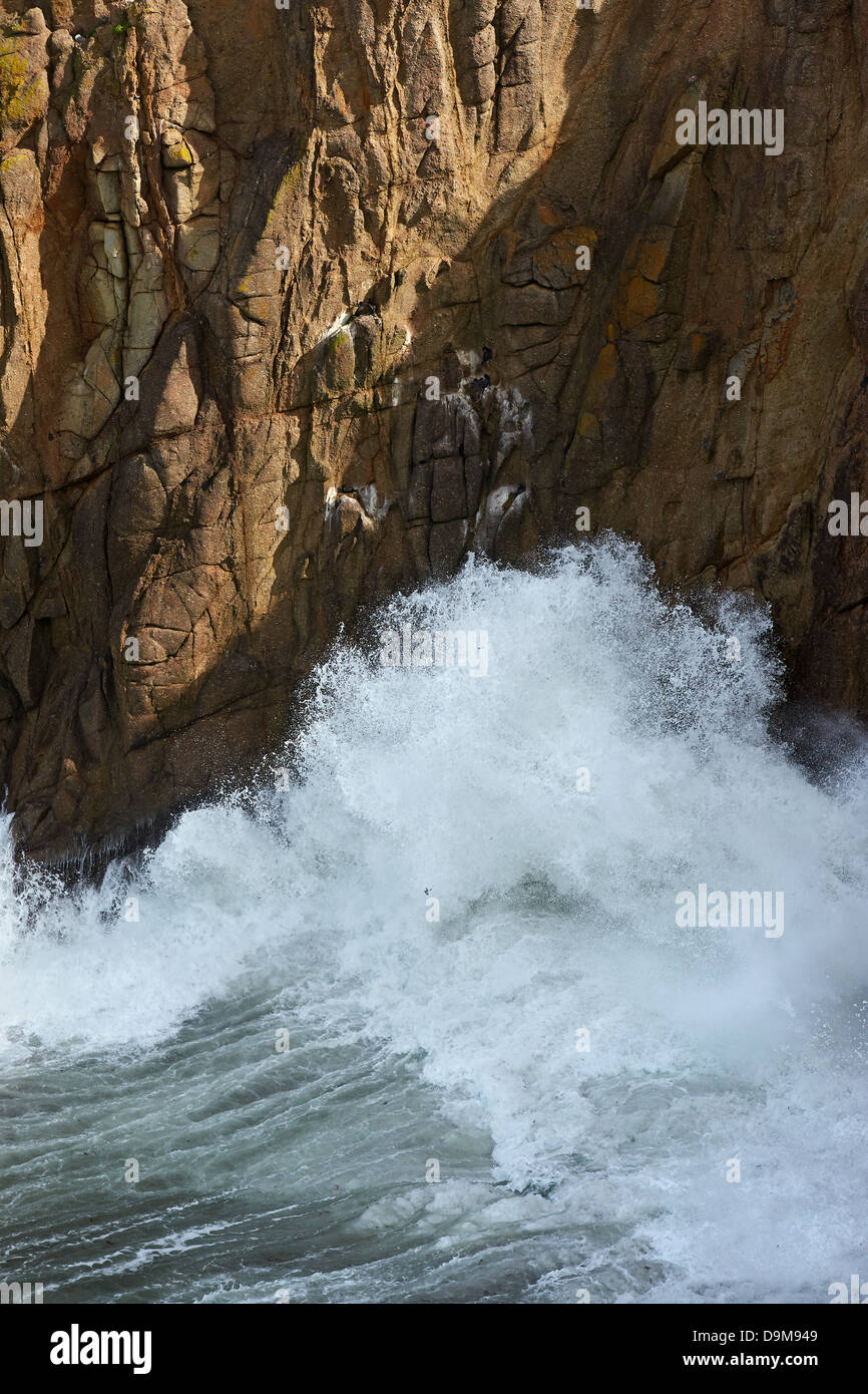 Large wave against the cliffs below nesting shags Stock Photo - Alamy