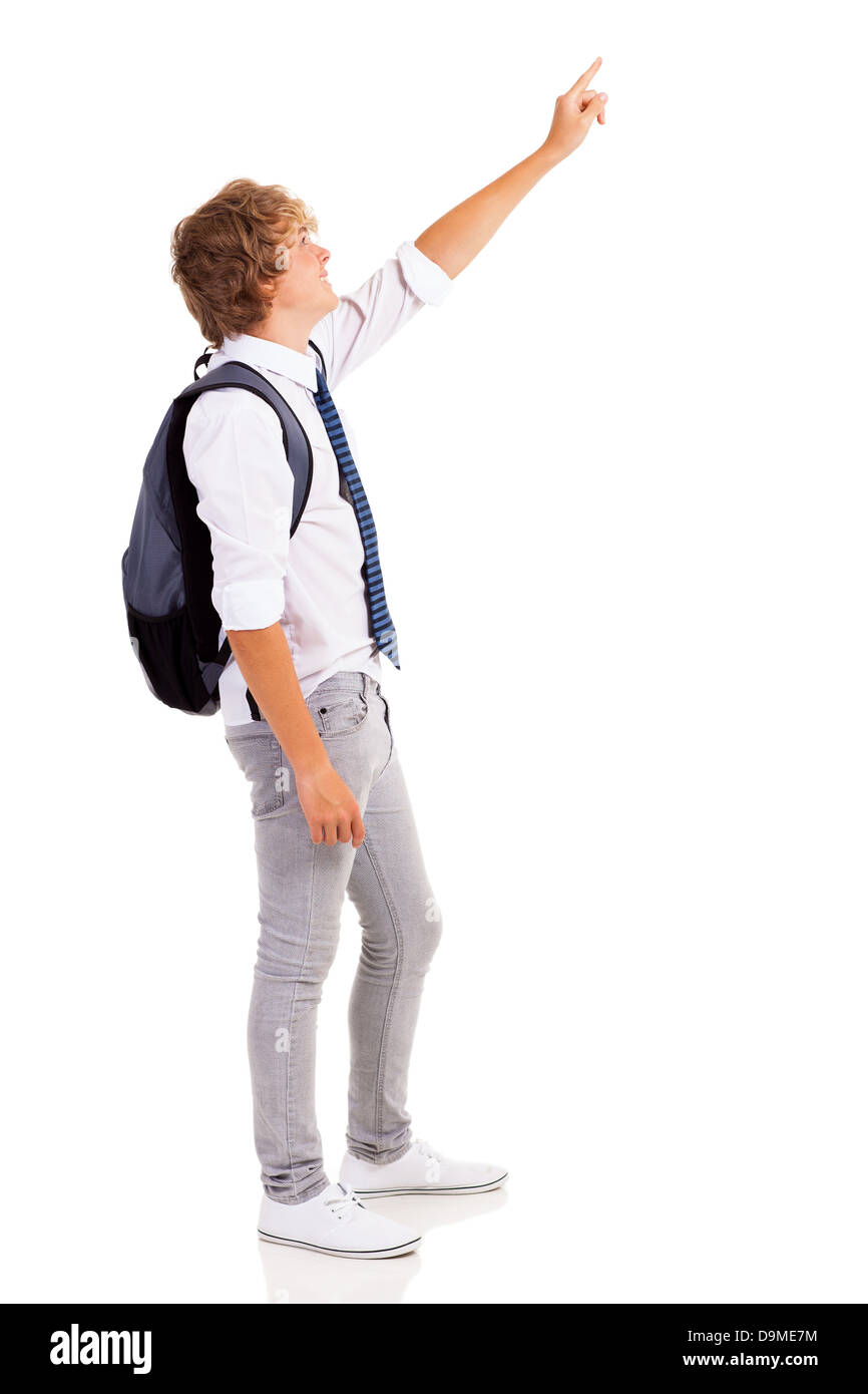 side view of teen boy pointing at empty copyspace Stock Photo - Alamy