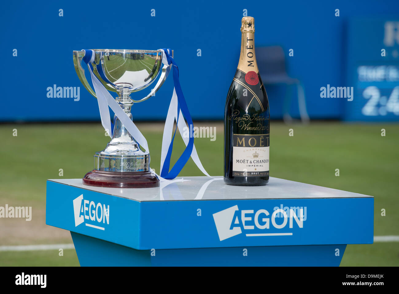 Eastbourne, UK - 22nd June 2013. The winners trophy on a podium with a ...
