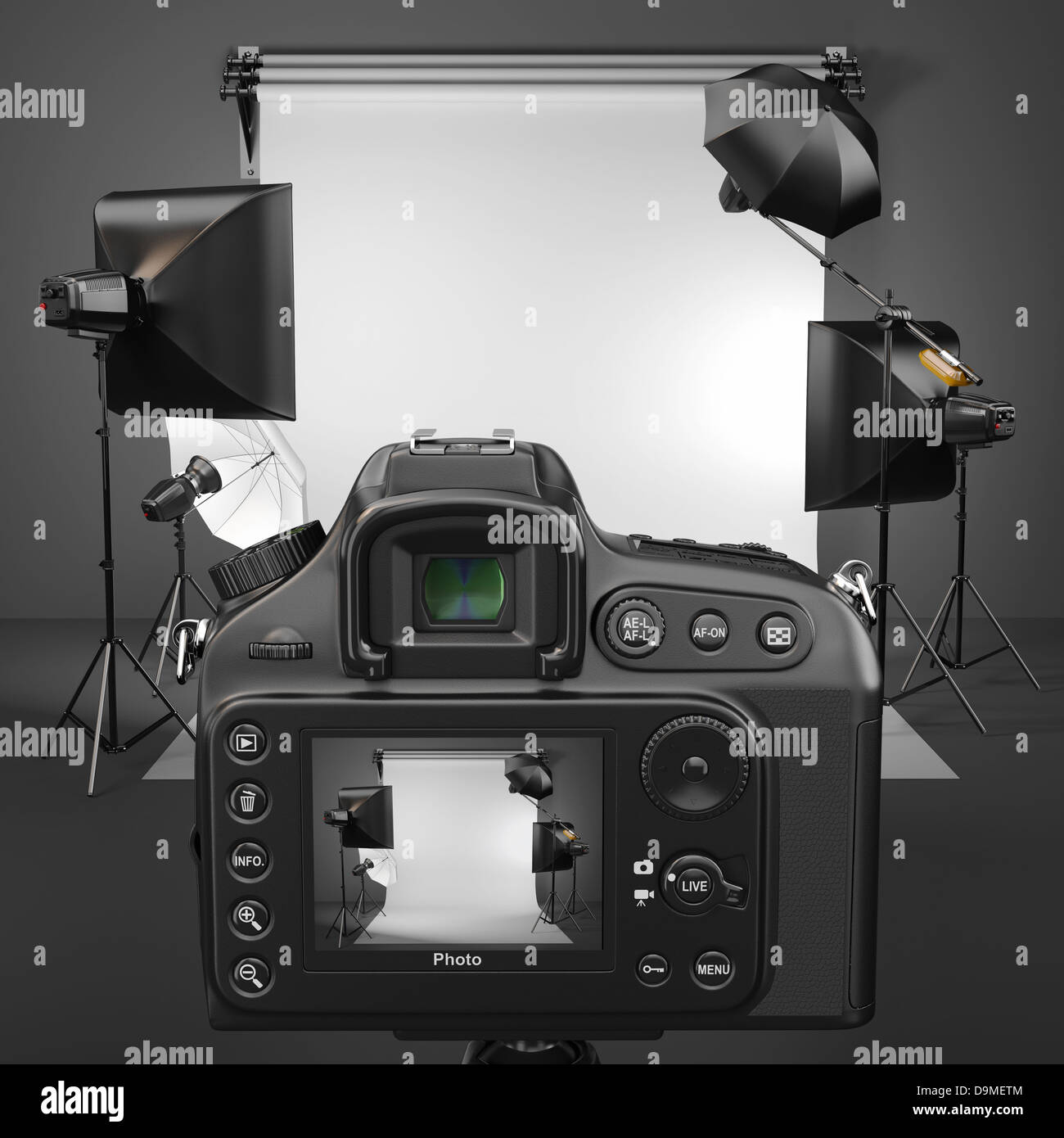 Digital photo camera in studio with softbox and flashes. 3d Stock Photo ...