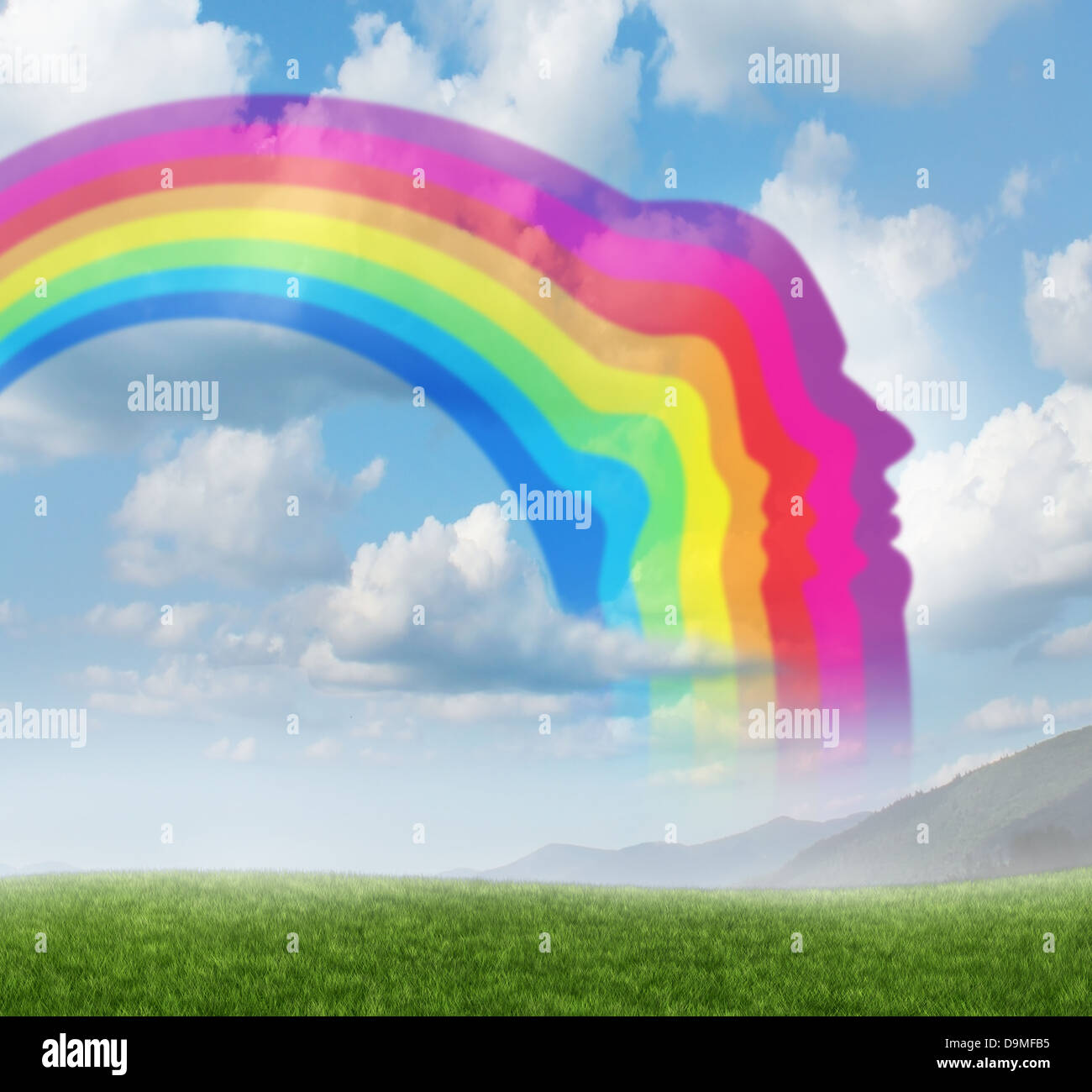 Creative inspiration with a rainbow curve shaped as a human head on a ...