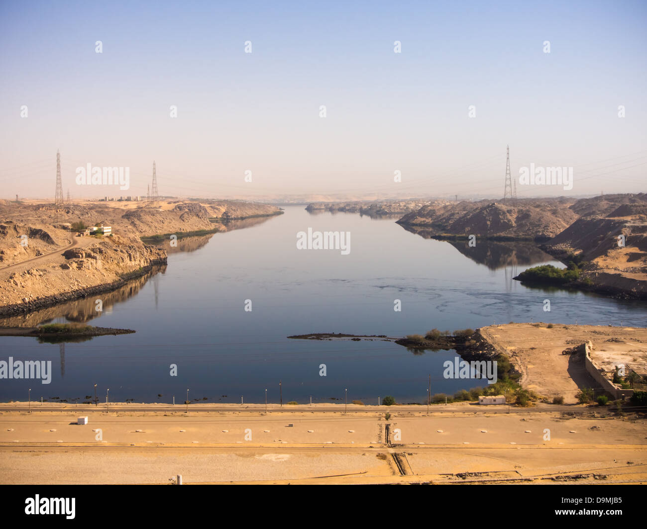 looking North along the river Nile from the top of the Aswan High Dam ...