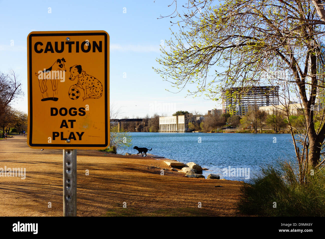 A dog plays behind a sign "dogs at play Stock Photo - Alamy