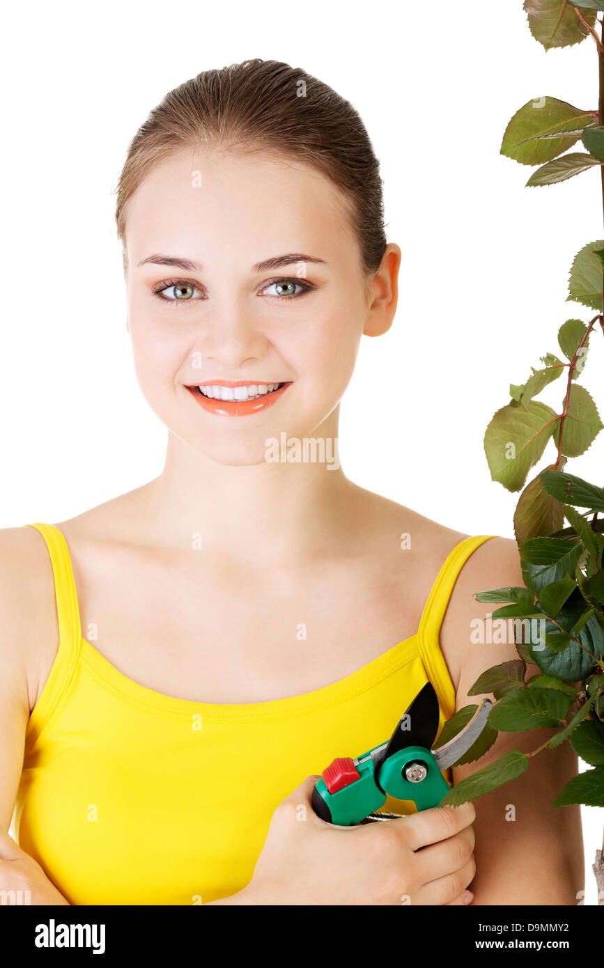 Happy gardener using pruning scissors. Isolated on white Stock Photo ...