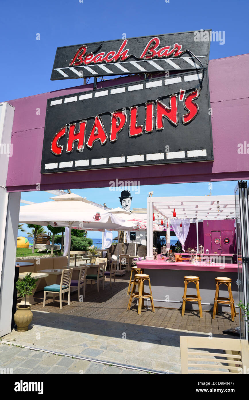 'Chaplin's Beach Bar' on beachfront, Faliraki, Rhodes (Rodos) Region ...