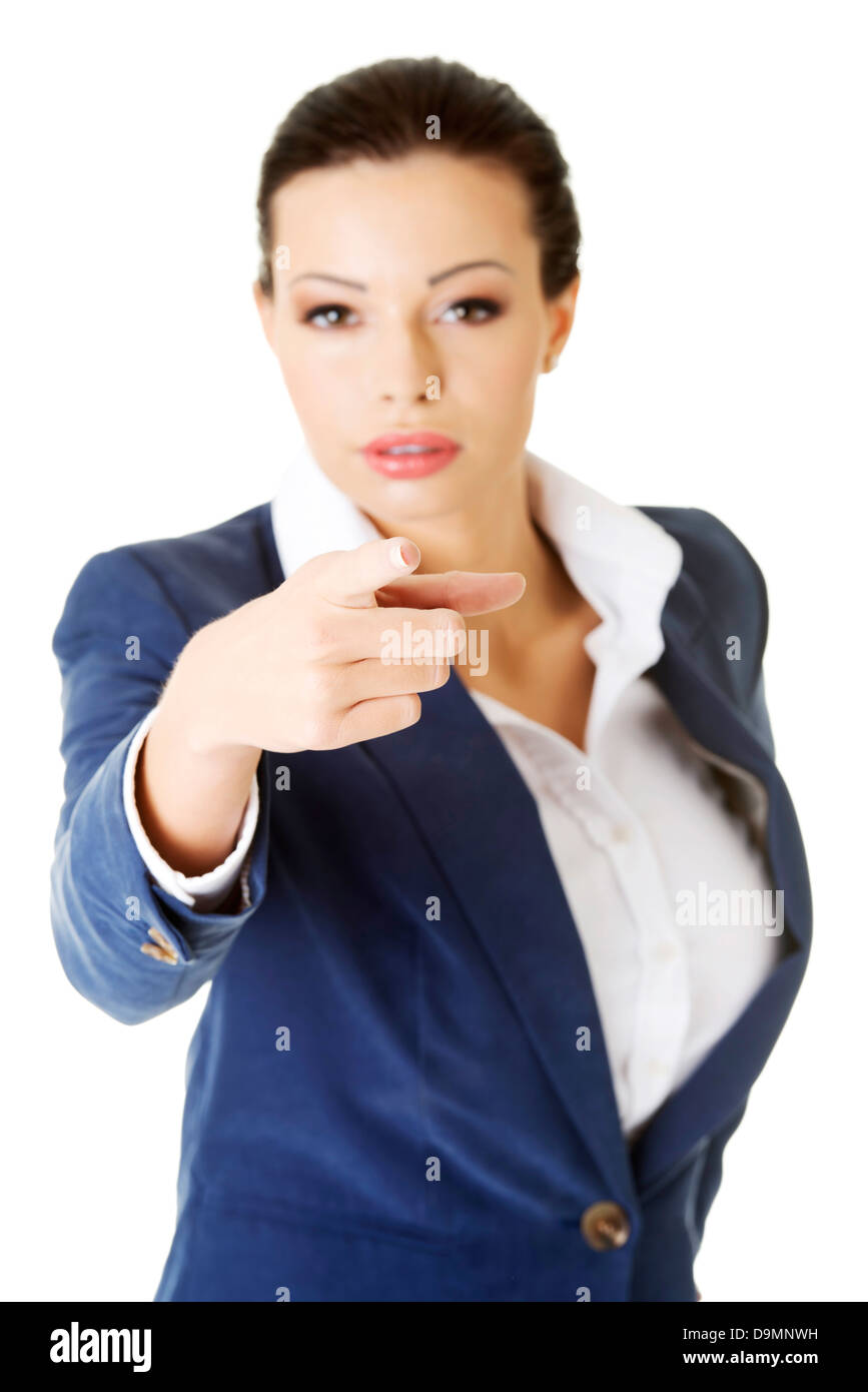 Young beautiful business woman pointing on you ,isolated on white Stock ...