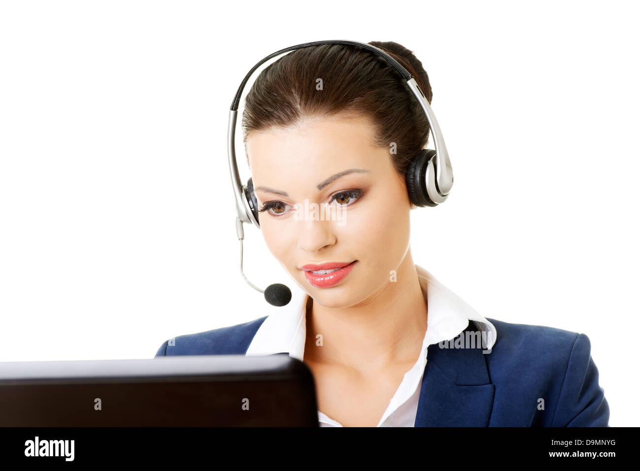 Beautiful young call-center assistant at the desk, isolated on white ...