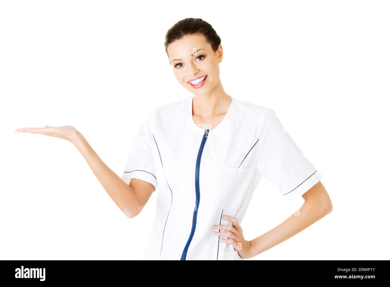 Medical doctor woman or nurse presenting and showing copy space for ...