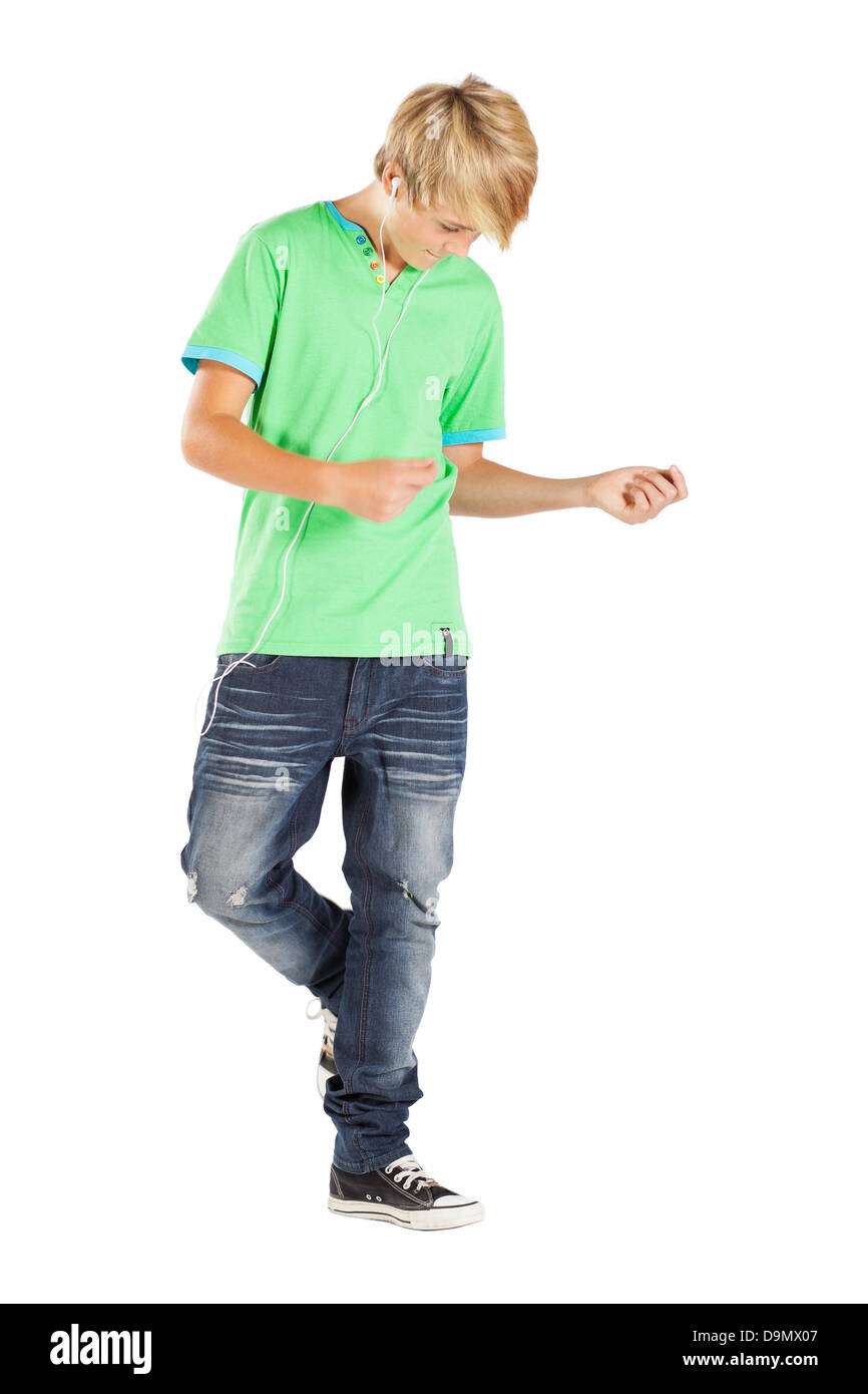 teen boy dancing with music isolated on white Stock Photo - Alamy