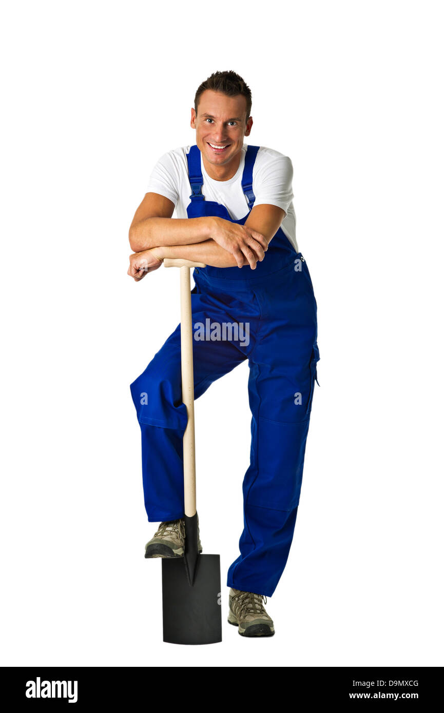 Construction worker with spavins, spade (Model release Stock Photo - Alamy
