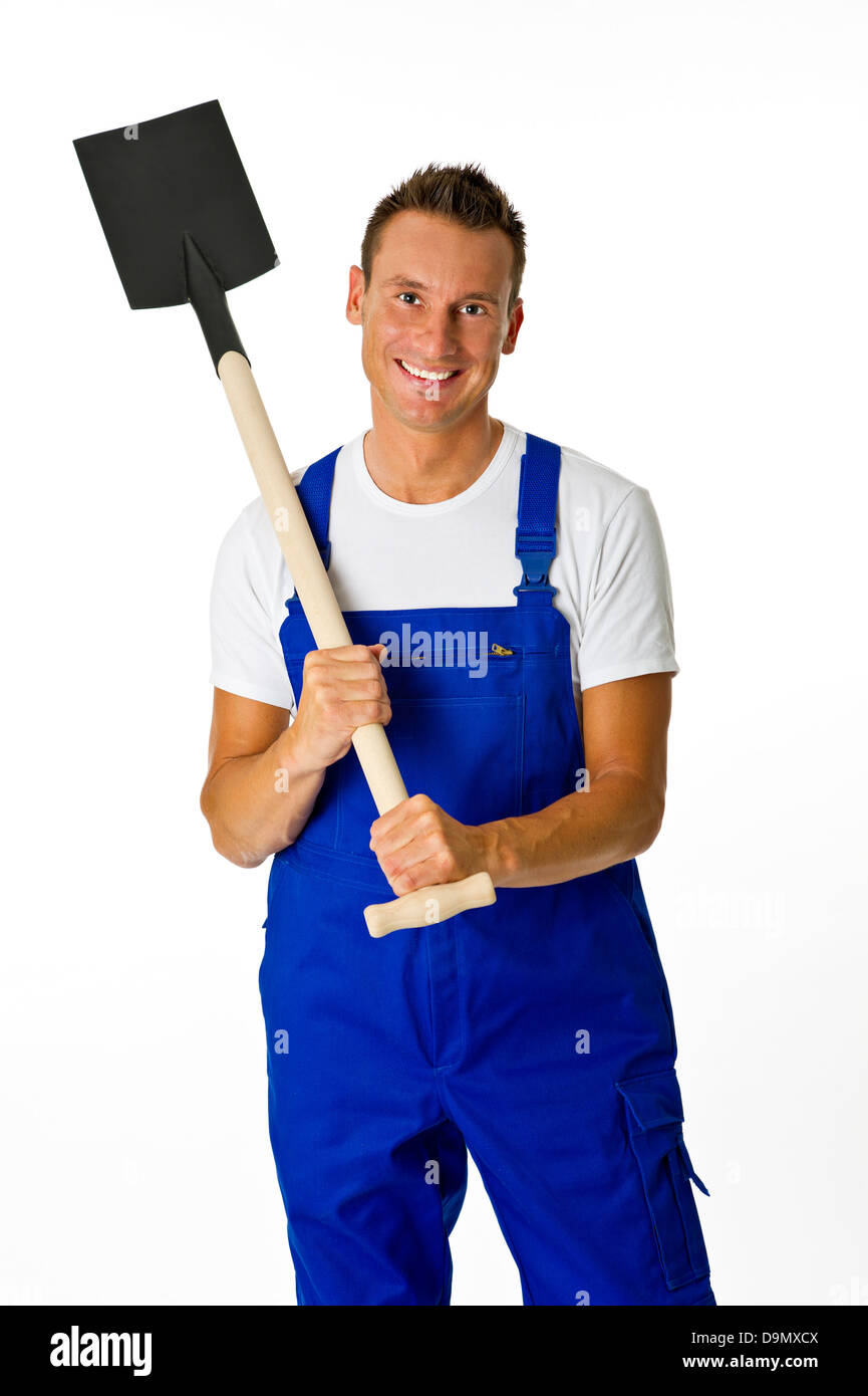 Construction worker with spavins, spade (Model release Stock Photo - Alamy