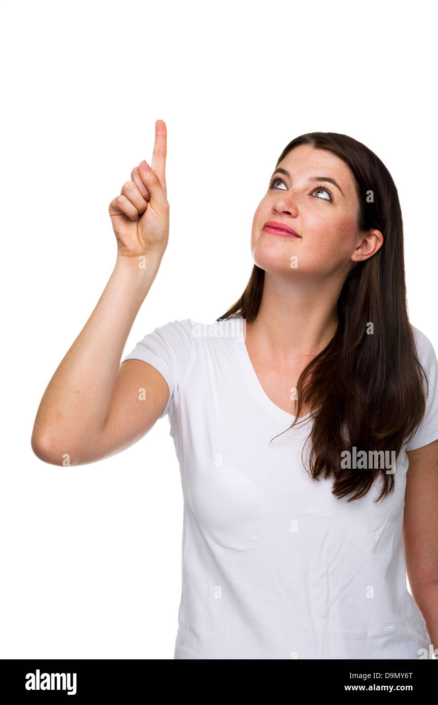 Young woman points upwards (Model release Stock Photo - Alamy