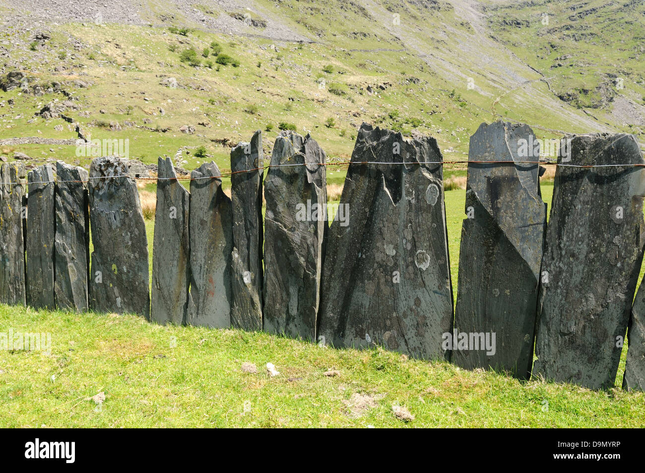 Close up of a traditional Welsh slate fence Cwm Croesor Gwynedd Wales ...