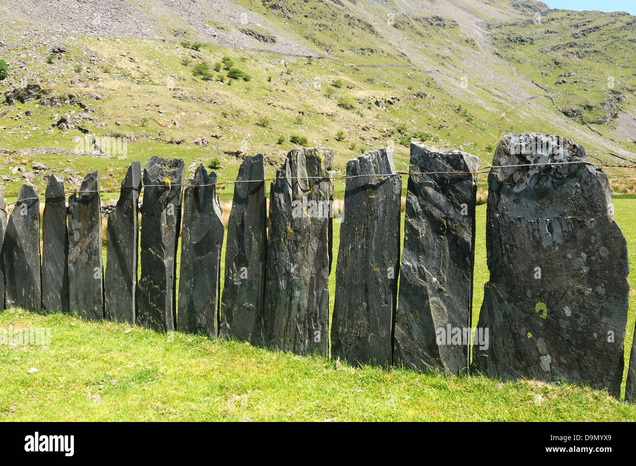 Close up of a traditional Welsh slate fence Cwm Croesor Gwynedd Wales ...