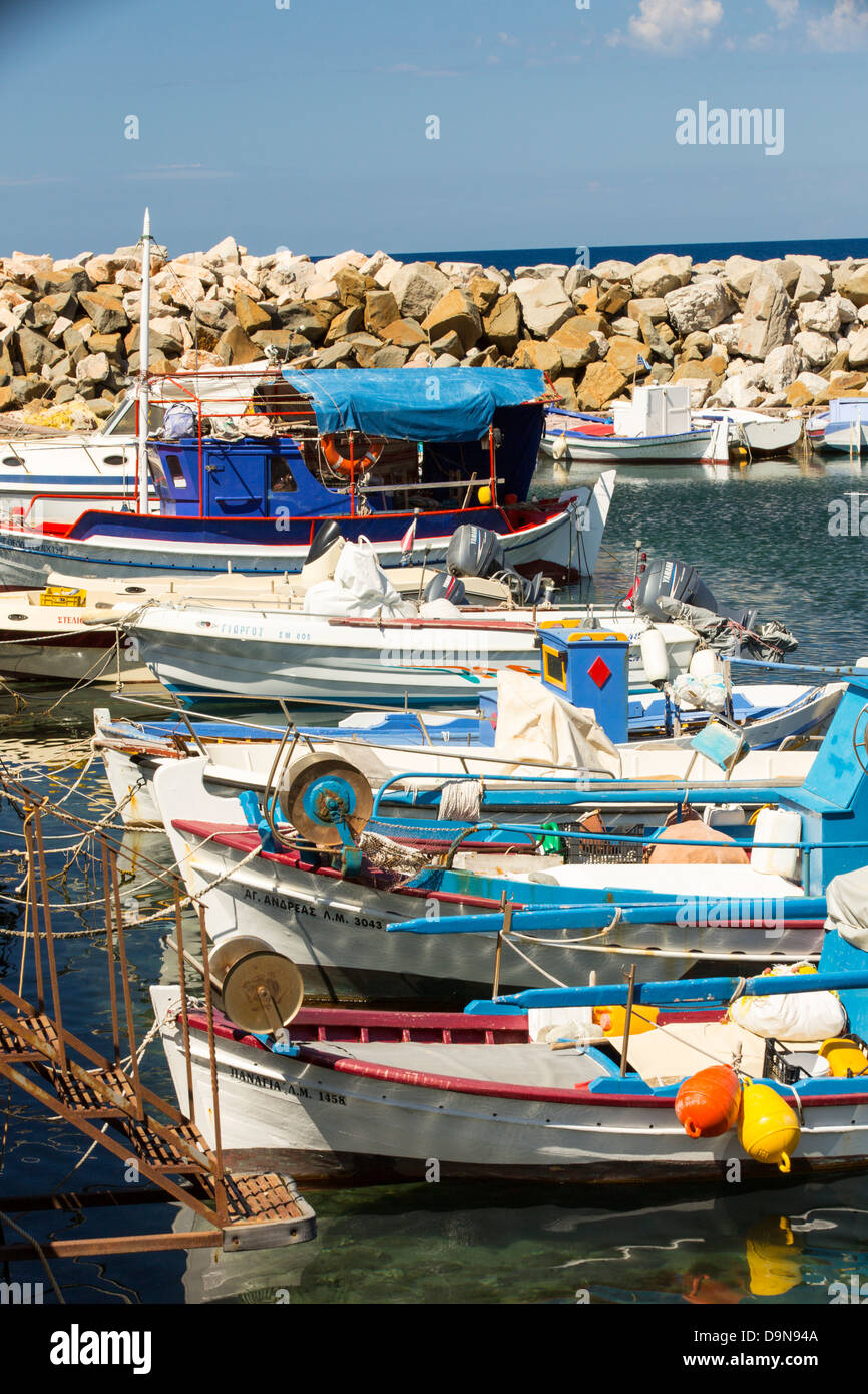 Traditional Greek wooden fishing boats in the harbour at Skala Eresou ...