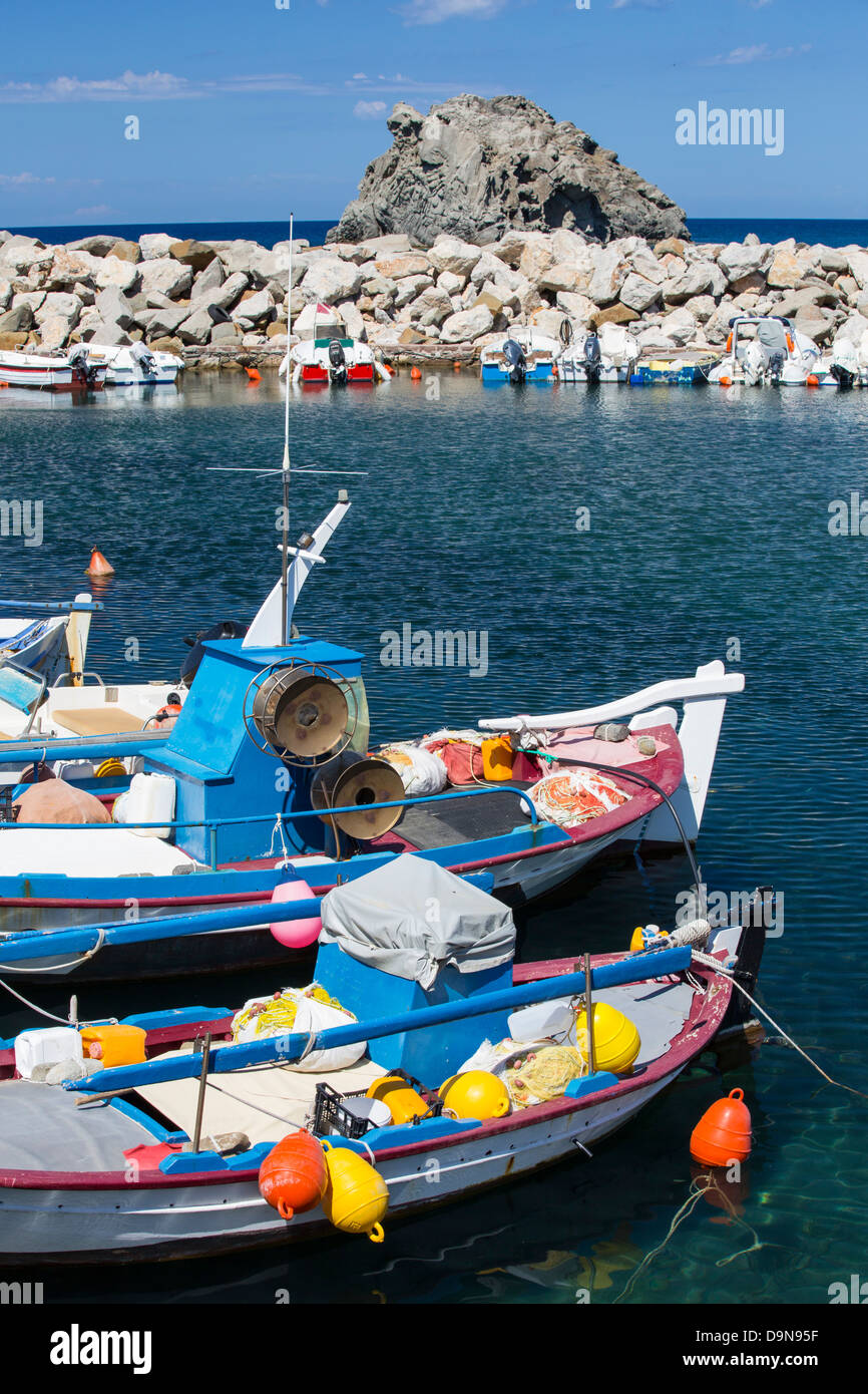 Traditional Greek wooden fishing boats in the harbour at Skala Eresou ...