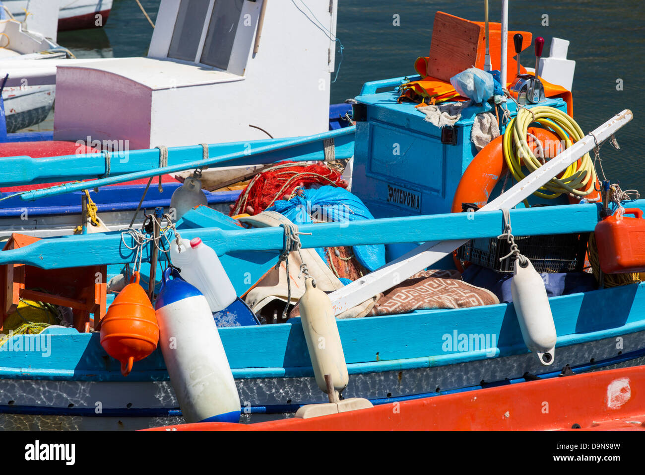 Traditional Greek wooden fishing boats in the harbour at Skala Eresou ...