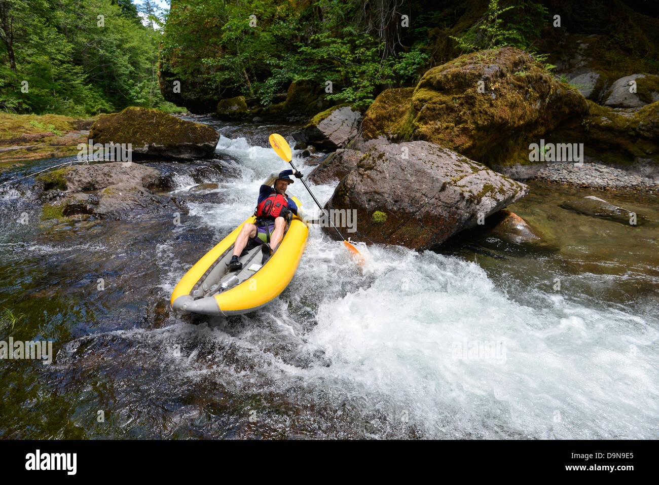 Paddling an inflatable kayak down the Blue River in the Cascade Range ...
