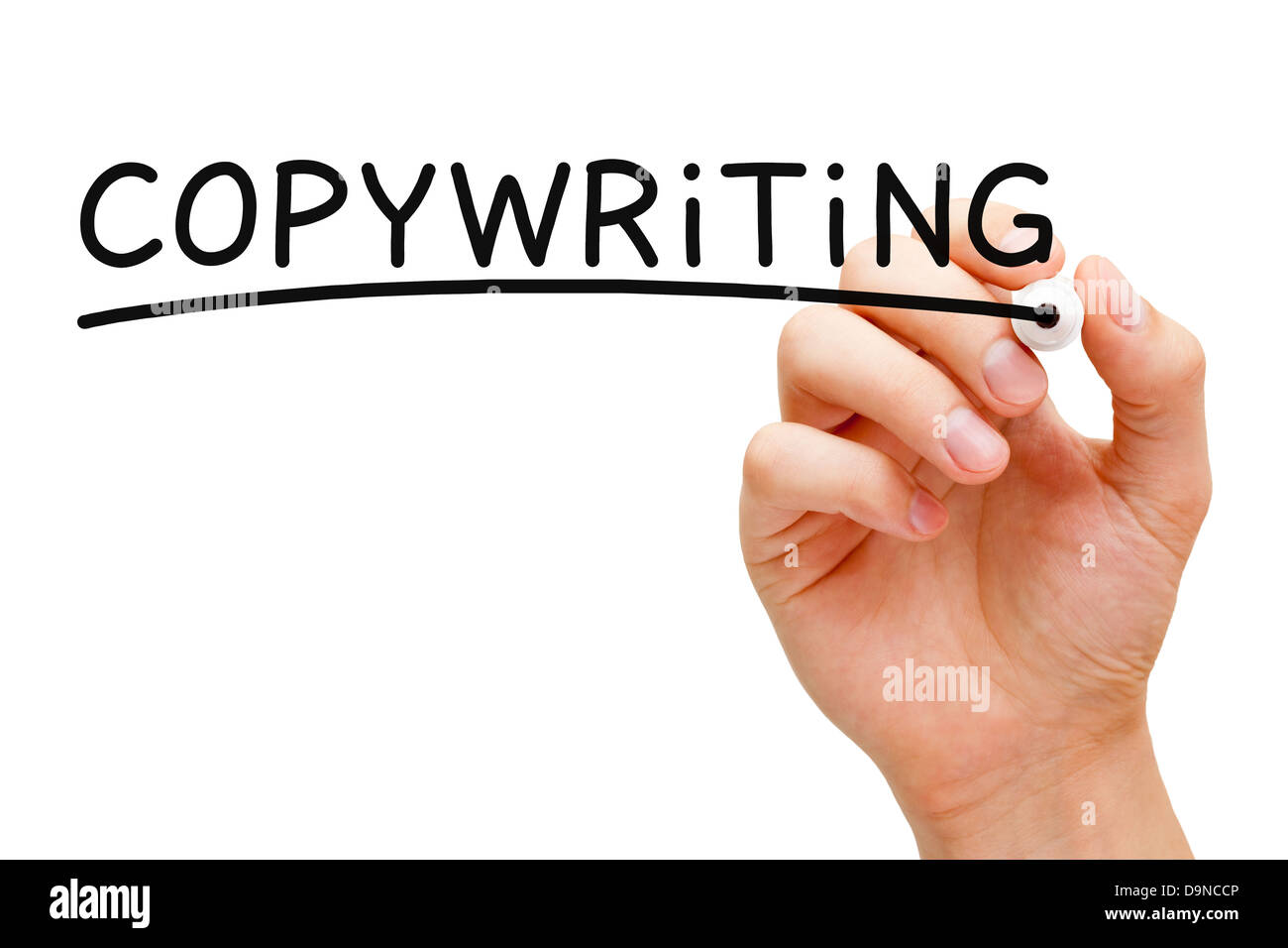 Hand writing Copywriting with black marker on transparent wipe board ...