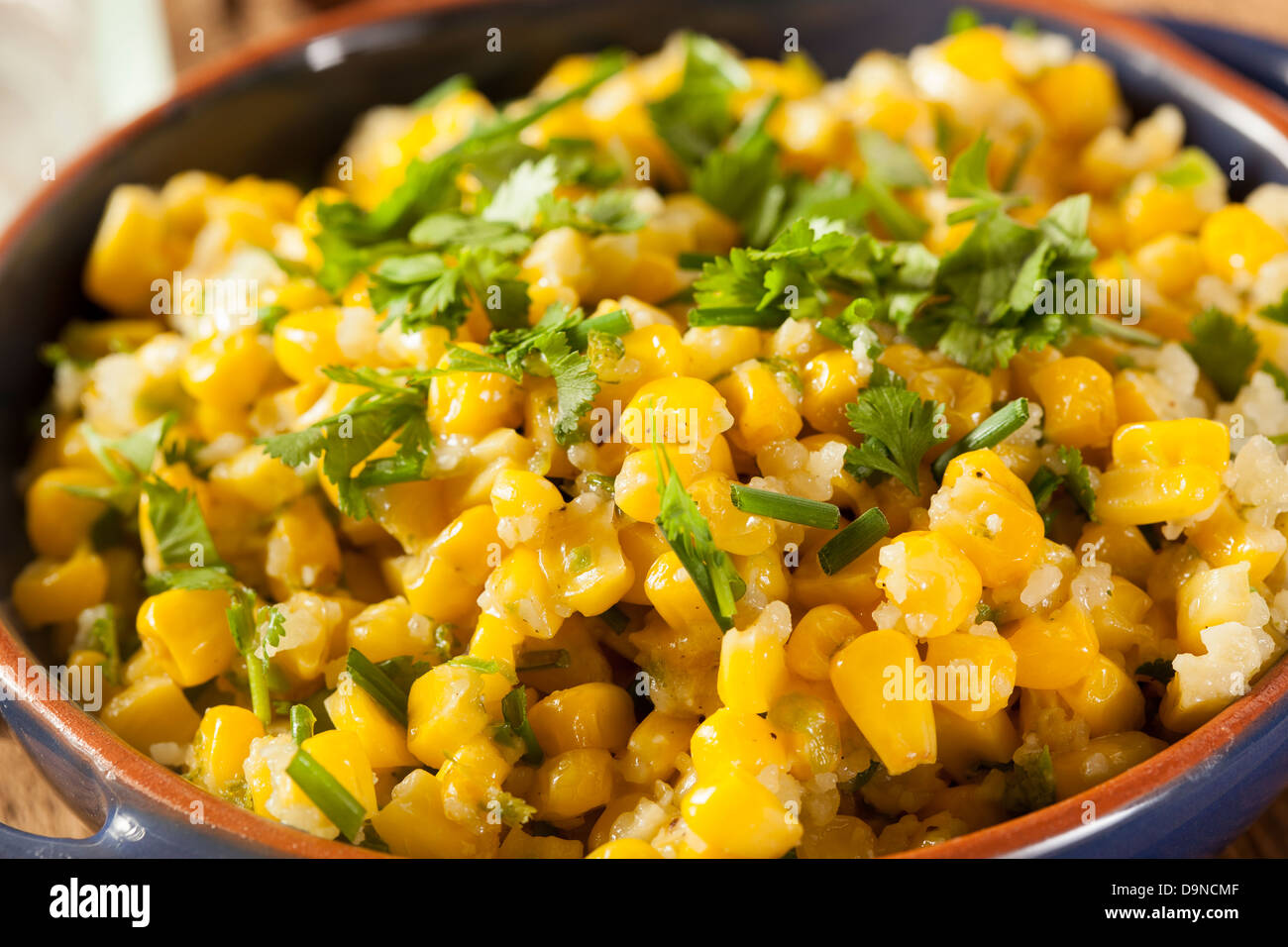 Homemade Organic Mexican Corn Dish with cilantro, cheese, and chives ...