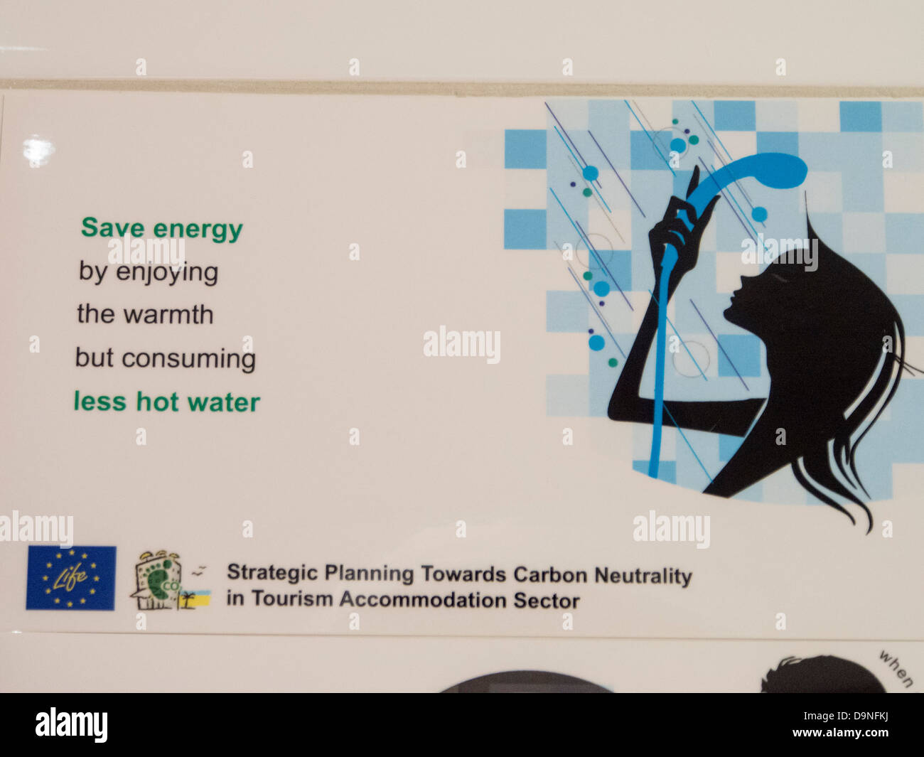 A sign about reducing energy use in a hotel room on Lesvos, Greece ...