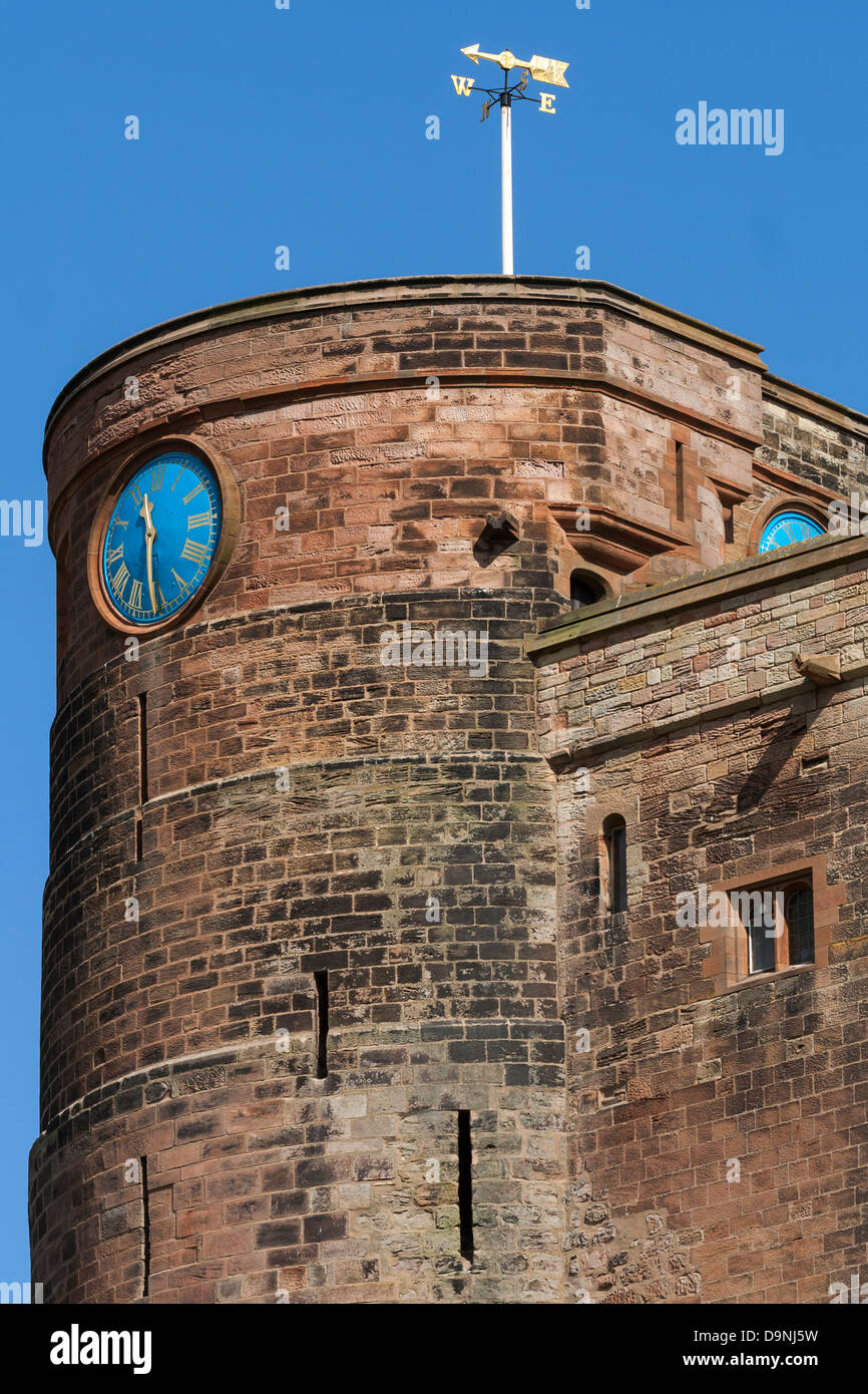 View of clock tower and wind directional arrow, Bamburgh Castle ...