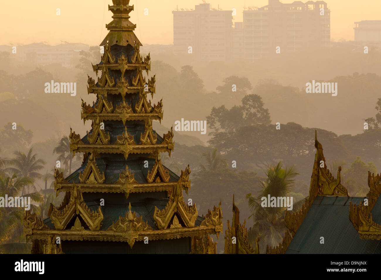An outer tower overlooks a park and the city of Yangon at the ...