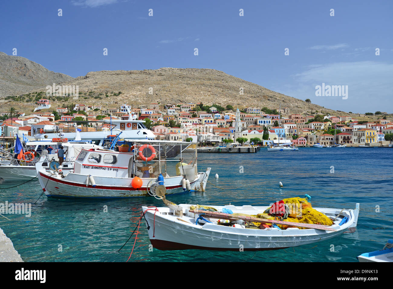 Traditional fishing boats, Port of Emporio, Halki (Chalki), Rhodes ...