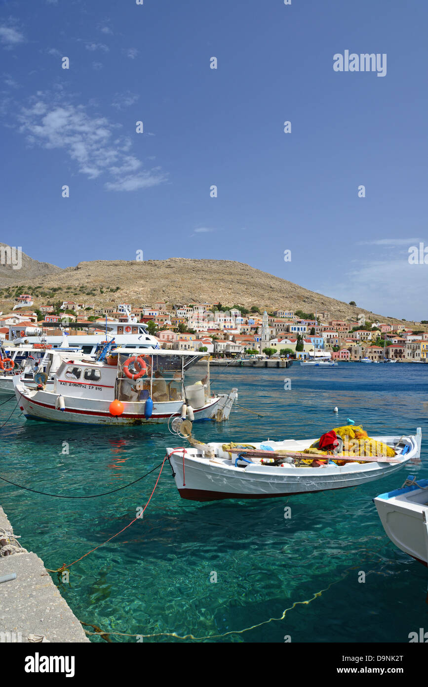 Traditional fishing boats, Port of Emporio, Halki (Chalki), Rhodes ...