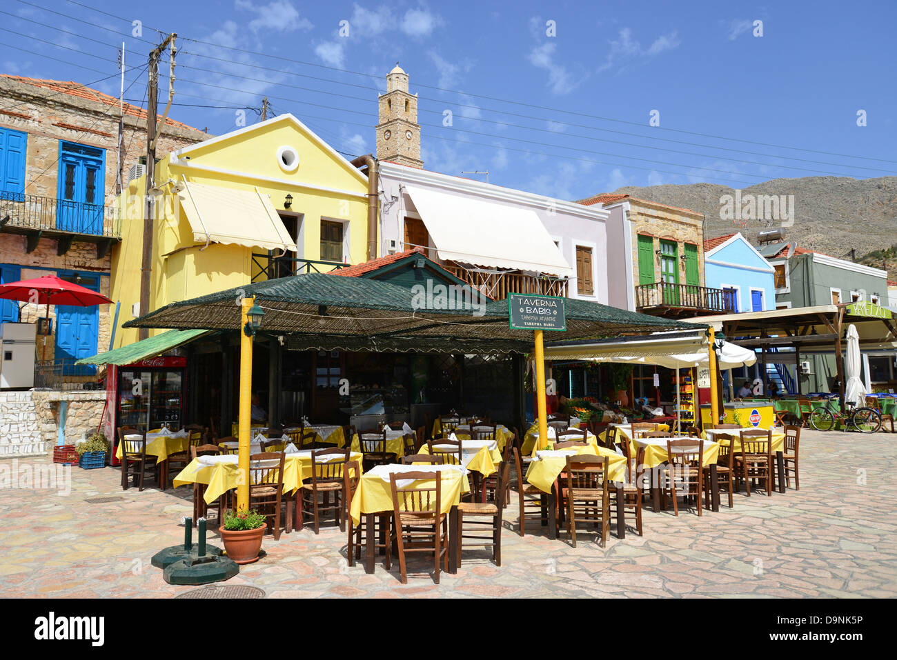 Waterfront taverna, Port of Emporio, Halki (Chalki), Rhodes (Rodos ...