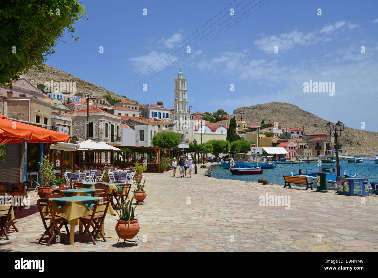 Waterfront taverna, Port of Emporio, Halki (Chalki), Rhodes (Rodos ...