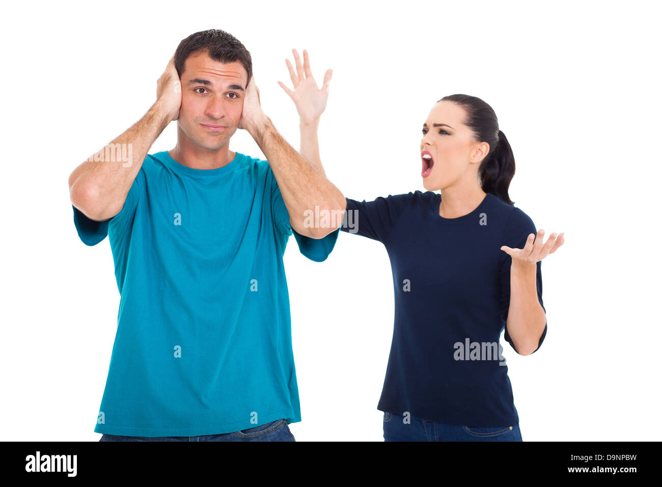 girlfriend shouting to her boyfriend isolated on white background Stock ...