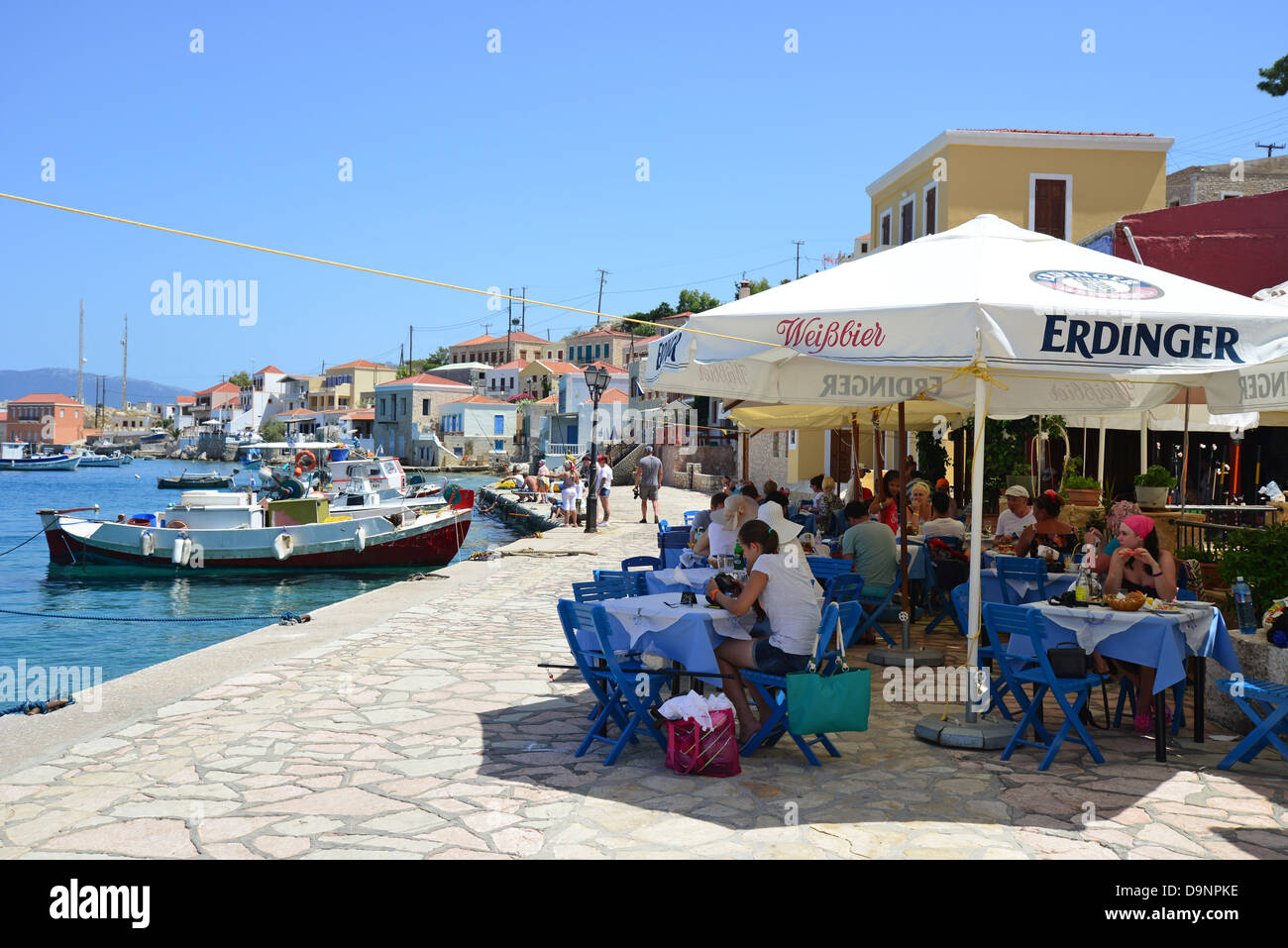 Waterfront taverna, Port of Emporio, Halki (Chalki), Rhodes (Rodos ...