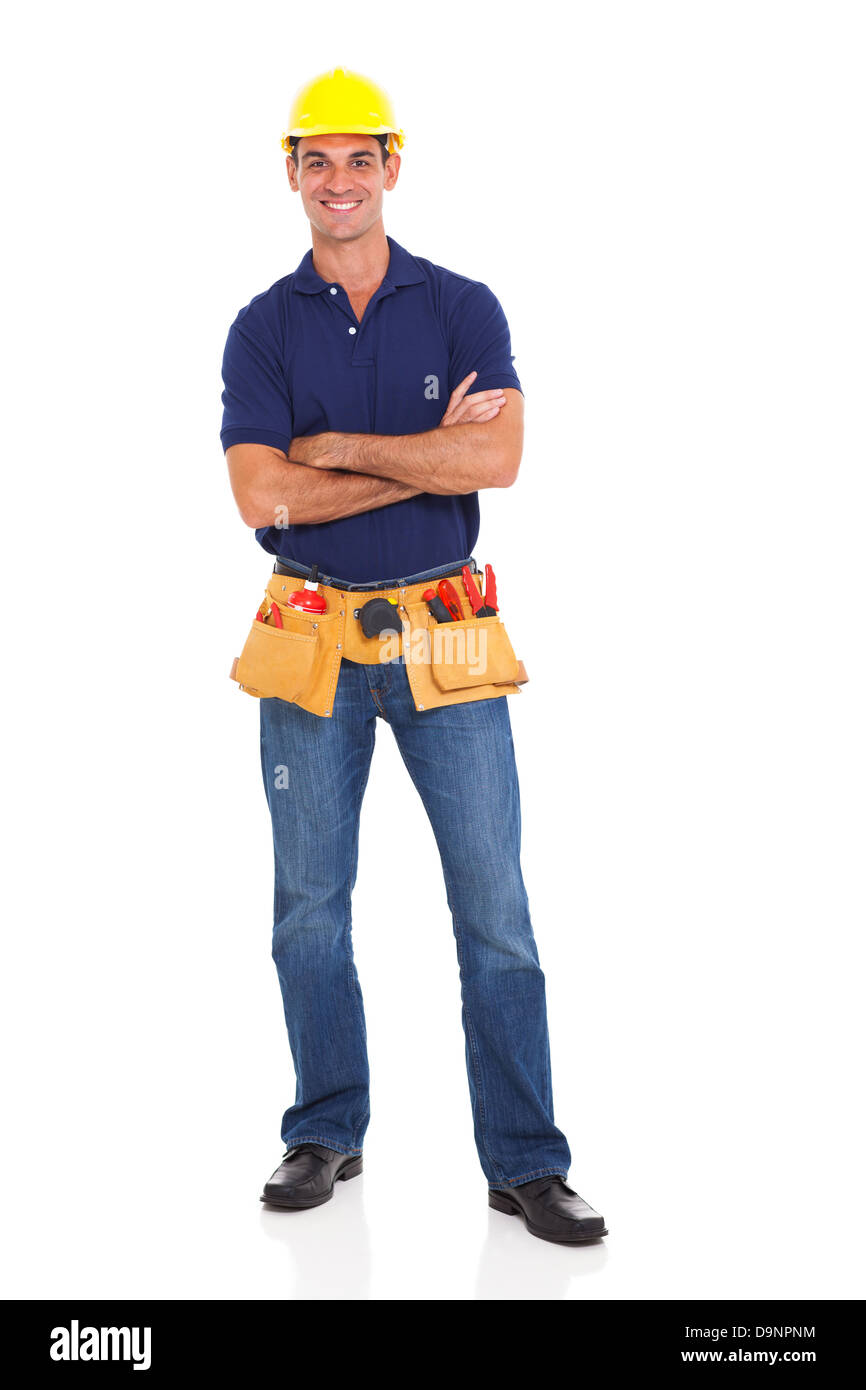 portrait of happy handyman with tool belt isolated on white background ...