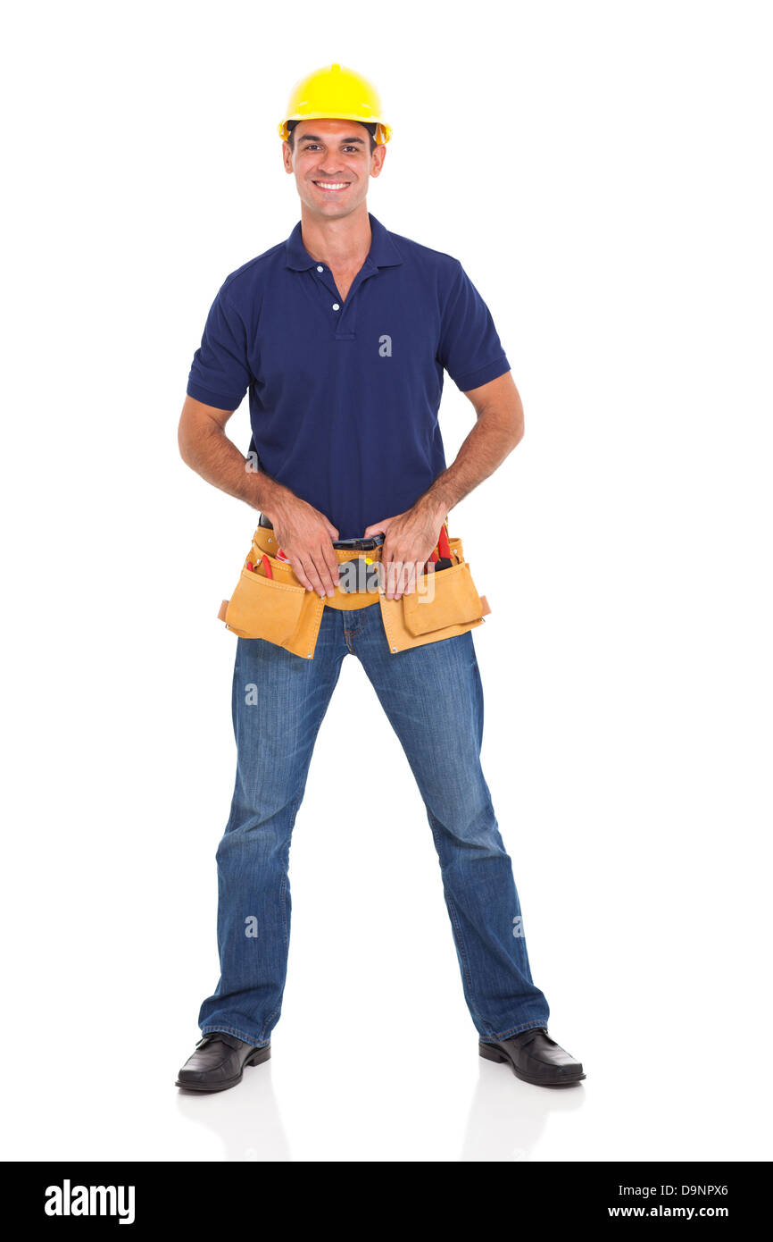 portrait of smiling handyman over white background Stock Photo - Alamy