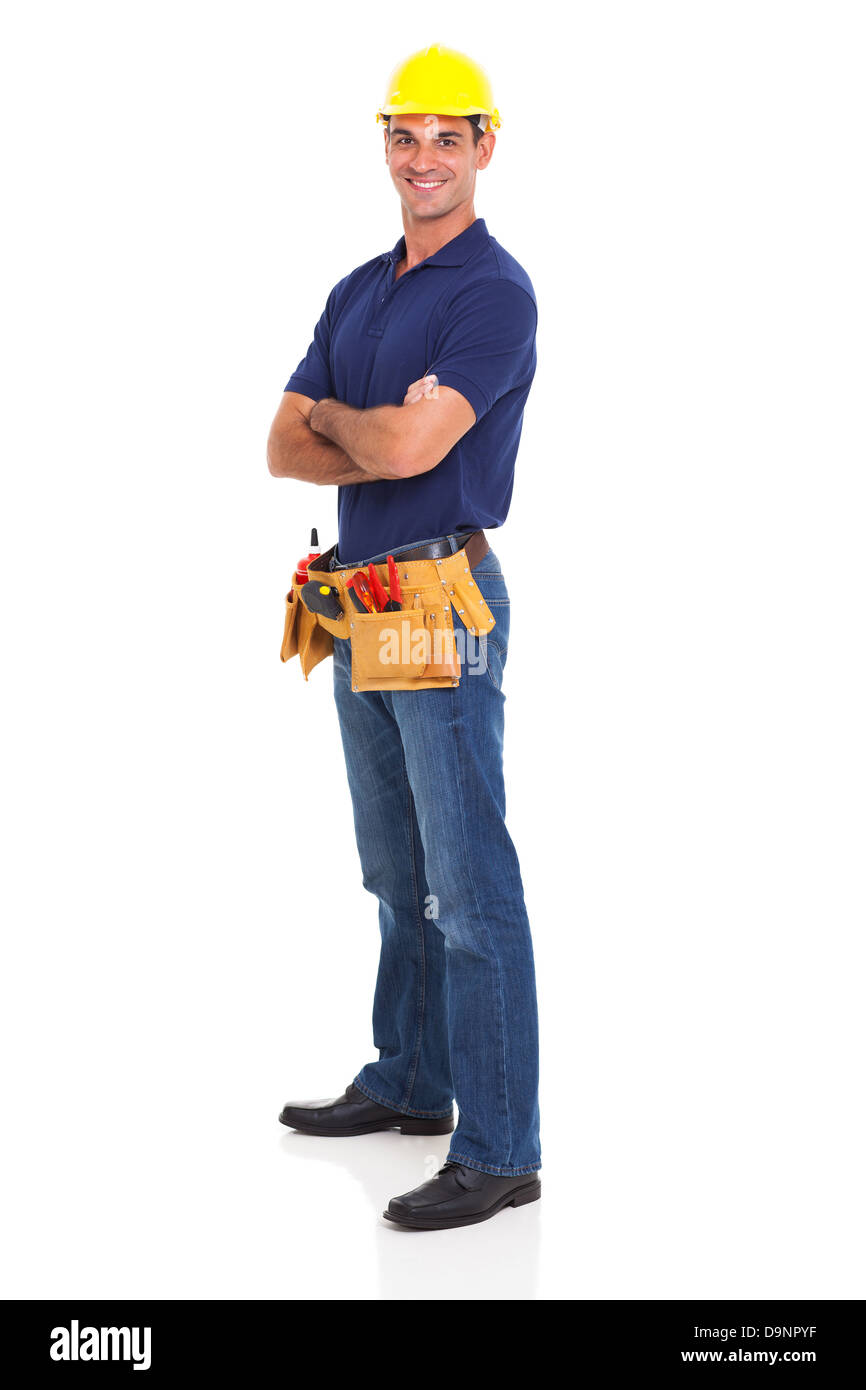 portrait of happy handyman isolated on white background Stock Photo - Alamy