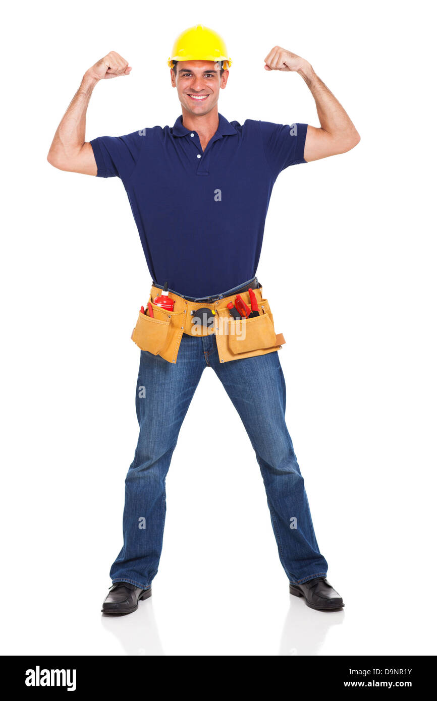 full length of strong handyman posing over white background Stock Photo ...