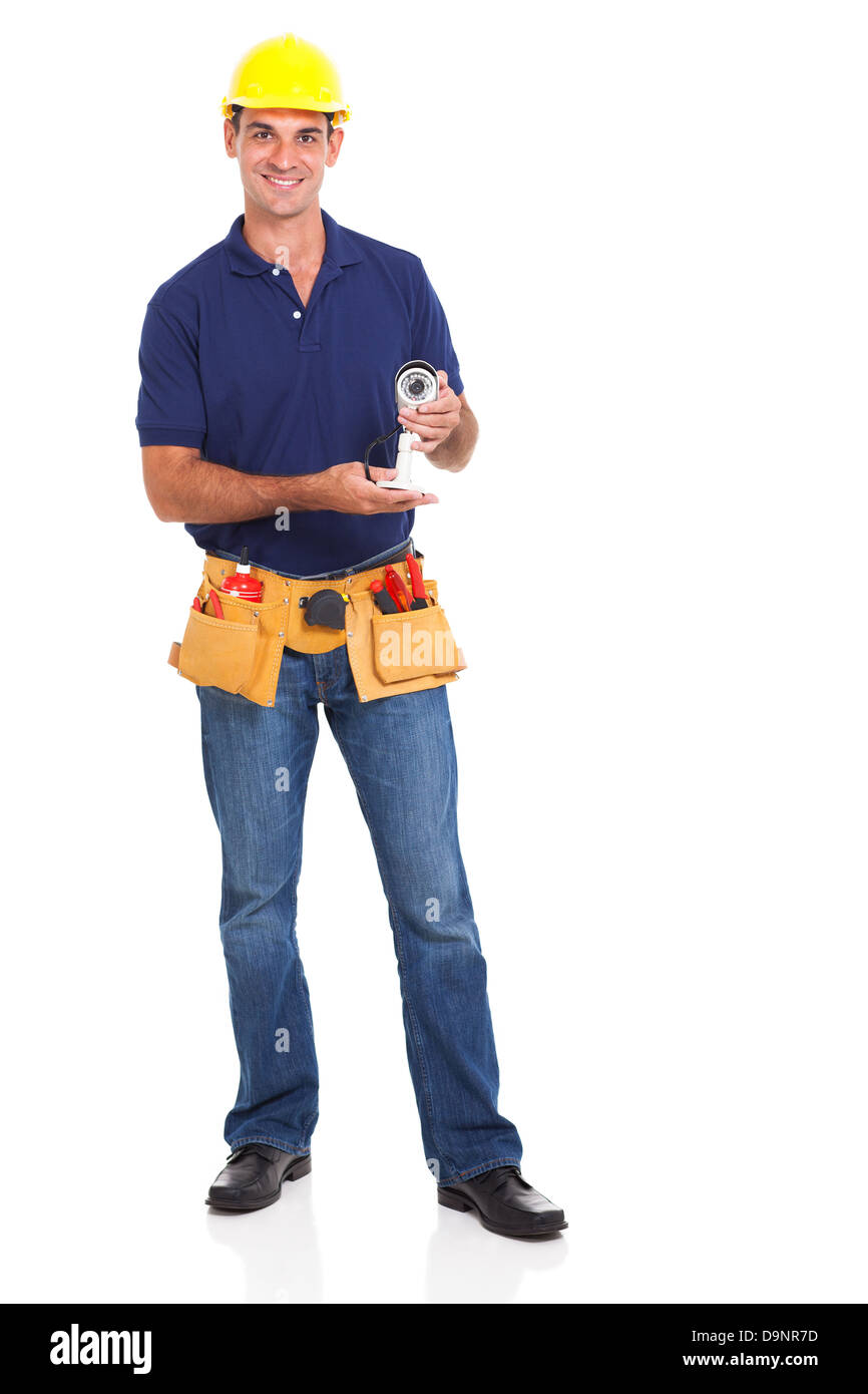 cctv male installer isolated on white background Stock Photo - Alamy