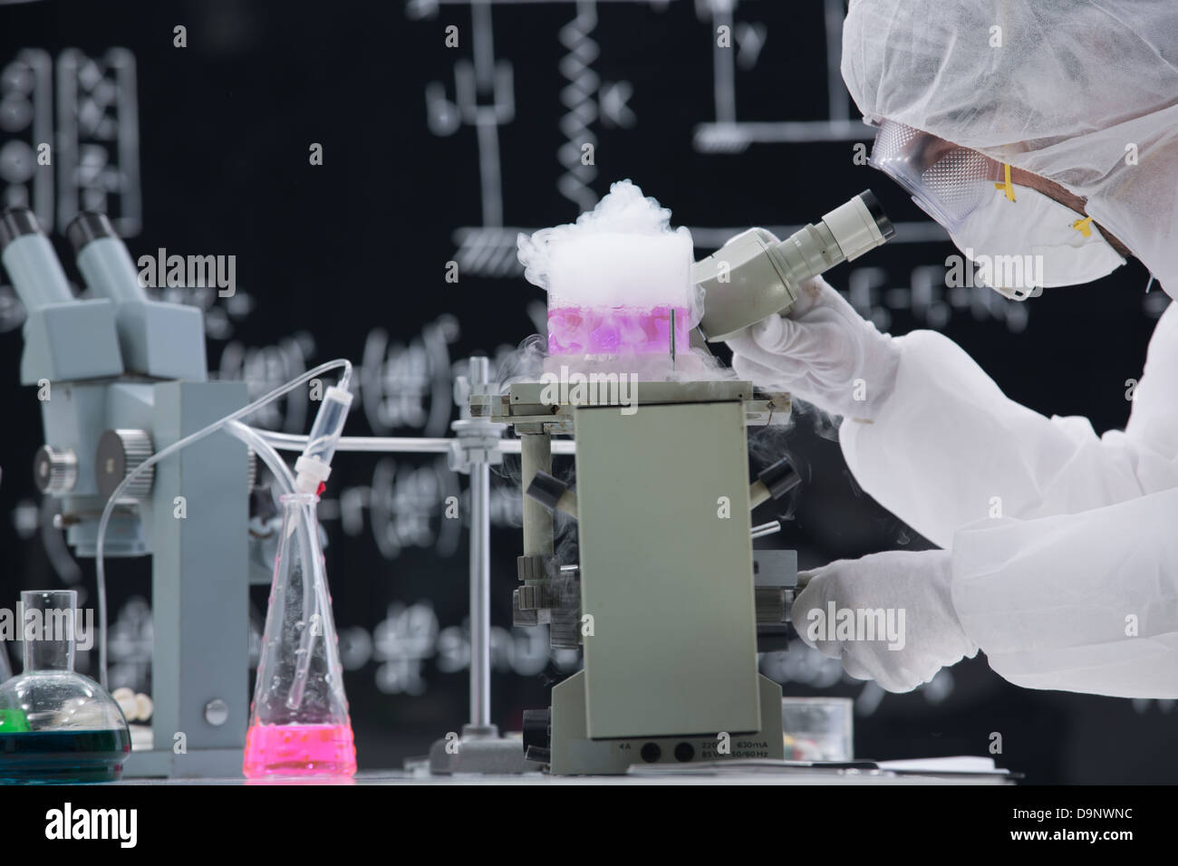 close-up of scientist in a chemistry lab analyzing under microscope ...