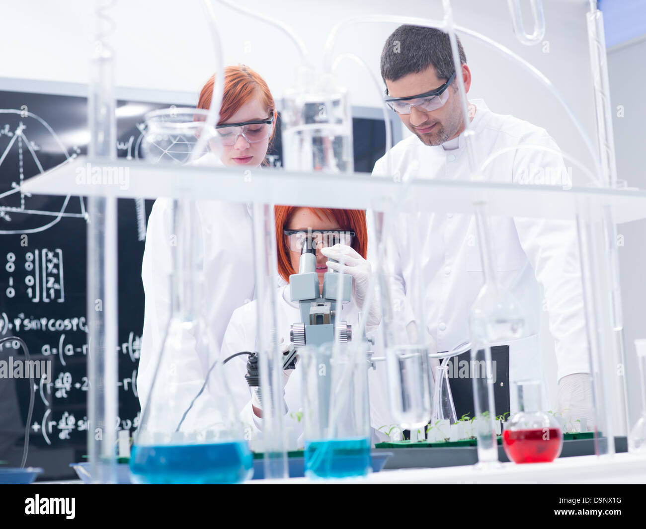 close-up of two women practicing lab experiments in a chemistry lab ...