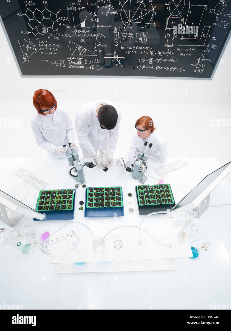 upper-view of a teacher in a chemistry lab supervising the activity of ...