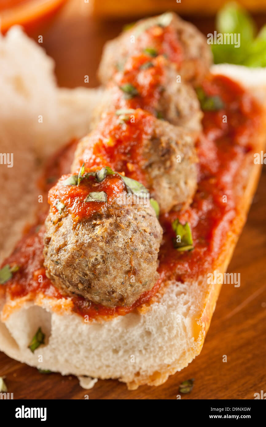 Homemade Spicy Meatball Sub Sandwich with Marinara Sauce and Cheese ...