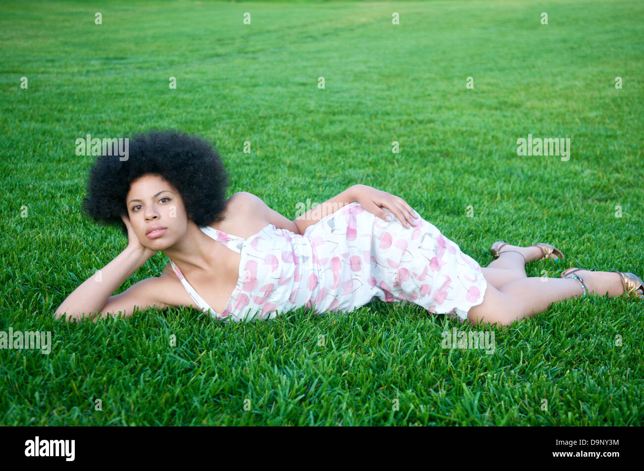 Portrait of beautiful african american model with afro look in nature ...