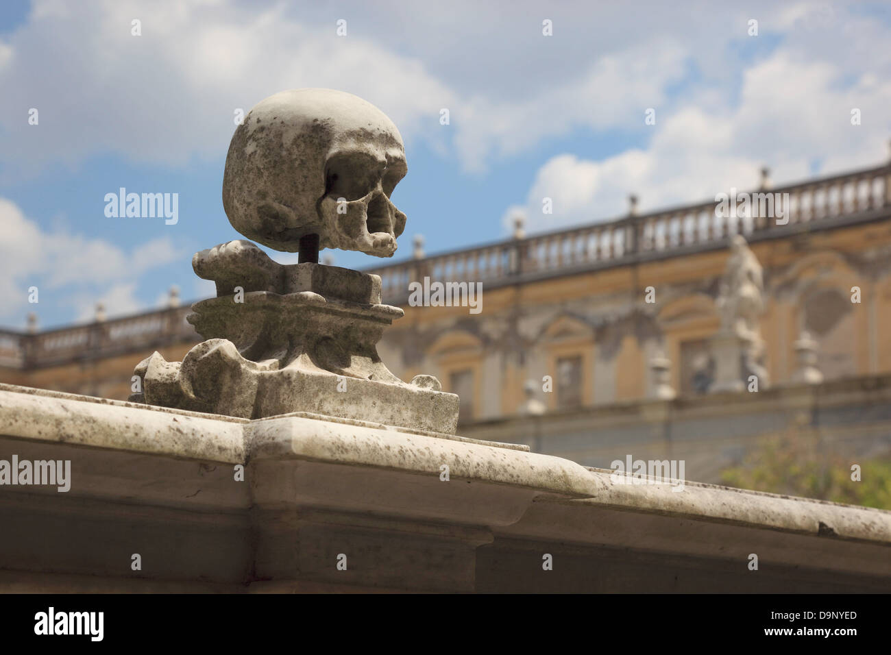 Skull on the balustrades in the monastic cemetery, Great Cloister of ...