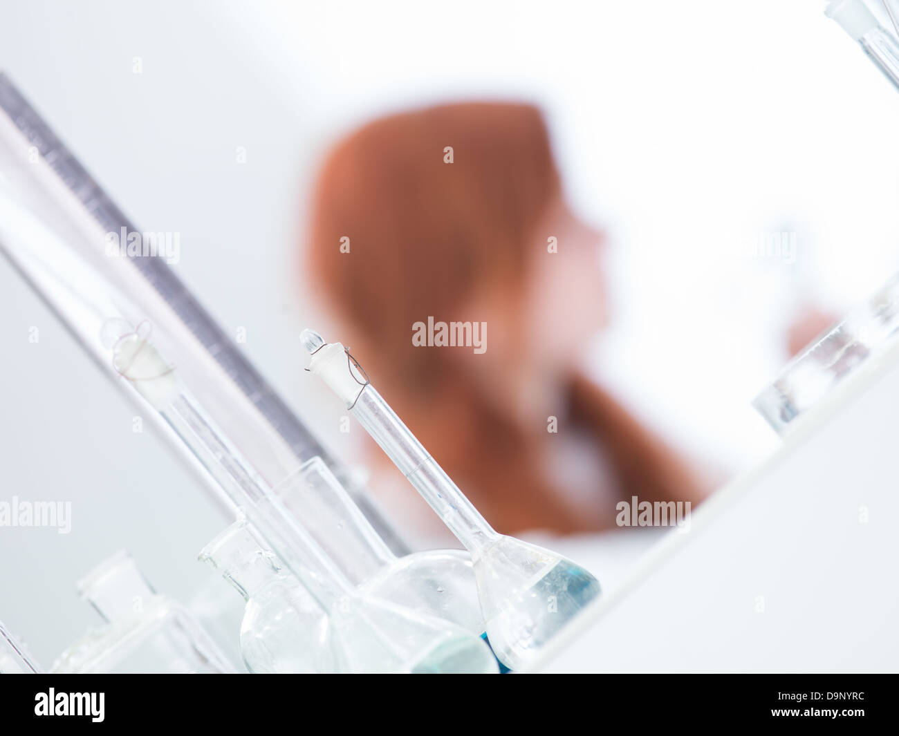 blurred laboratory with macro transparent glasses and lab tools Stock ...